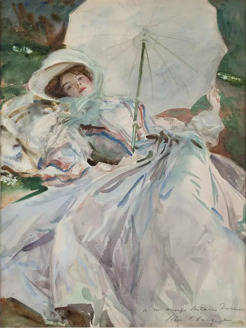 John Singer Sargent, The Lady with the Umbrella, 1911, akvarelli paperille, esikynän päällä, rungon värillä, 65 x 54 cm, Museu de Montserrat. Lahjoittaja J. Sala Ardiz. Kuva © Dani Rovira