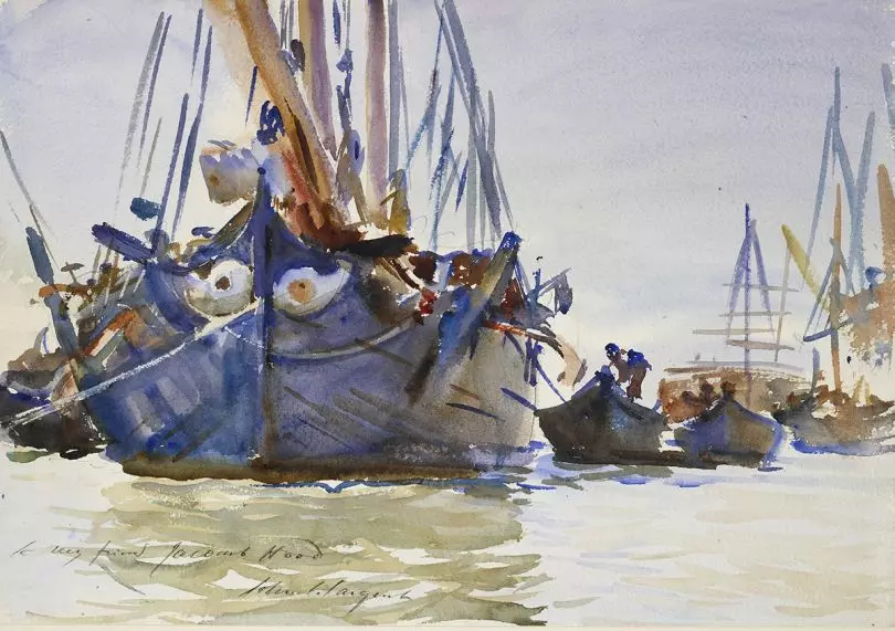 John Singer Sargent, italialaiset purjealukset Anchorissa, n. 1904-07, akvarelli paperille, esikynän päällä, 35,2 x 50,3 cm, Ashmolean Museum, Oxford. Esittäjä neiti K. de Hochpied Larpent, 1943. Kuva © Ashmolean Museum, Oxfordin yliopisto