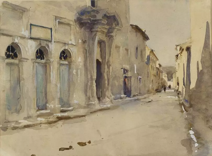 John Singer Sargent, Unha rúa en España, c. 1880, acuarela sobre papel, sobre lapis preliminar, 23,8 x 32,1 cm, The Ashmolean Museum, Oxford. Presentado pola señorita Mabel Price, 1935. Imaxe © Ashmolean Museum, Universidade de Oxford