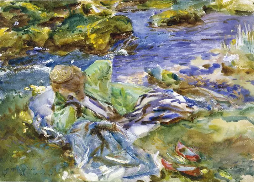 John Singer Sargent, Unha muller turca xunto a un arroio, c. 1907, acuarela sobre papel, sobre lapis preliminar, con toques de cor corporal, 35,9 x 50,8 cm, Victoria and Albert Museum. Legado pola señorita Dorothy Barnard. © Victoria and Albert Museum, Londres