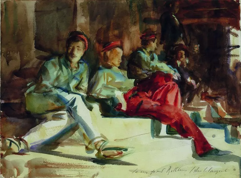 John Singer Sargent, grupo de soldados convalecentes españois, c. 1903, acuarela sobre papel, sobre lapis preliminar, con cor corporal, 29,9 cm x 40,7 cm, Colección particular