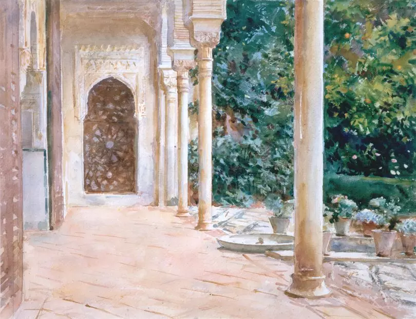 John Singer Sargent, Loggia, View at the Generalife, c. 1912, midab-biyood oo warqad ah, oo ka sarreeya qalin qalin horudhac ah, 39.4 x 53.2 cm, Aberdeen Art Gallery & Matxafyada Ururinta. La iibsaday 1927kii, kala badh qiimaha xaraashka waxa la kulmay Sir James Murray