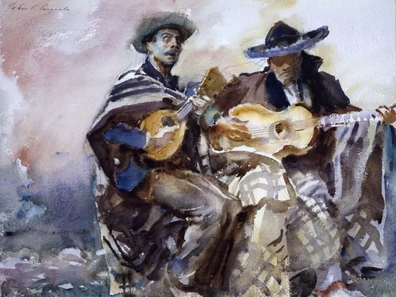 John Singer Sargent, Blind Musicians, 1912, akvarel na papieri, na predbežnej ceruzke, 39,4 x 53 cm, Aberdeen Art Gallery & Museums Collections. Kúpený v roku 1927 za polovicu aukčnej ceny, ktorú dosiahol Sir James Murray