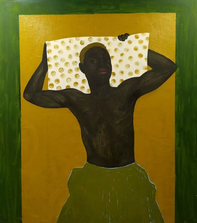 Gindin Mangoro (2020), acrílico, óleo e carbón sobre lenzo, 180 cm x 160 cm. Cortesía do artista Collins Obijiaku e ADA \ contemporary art gallery