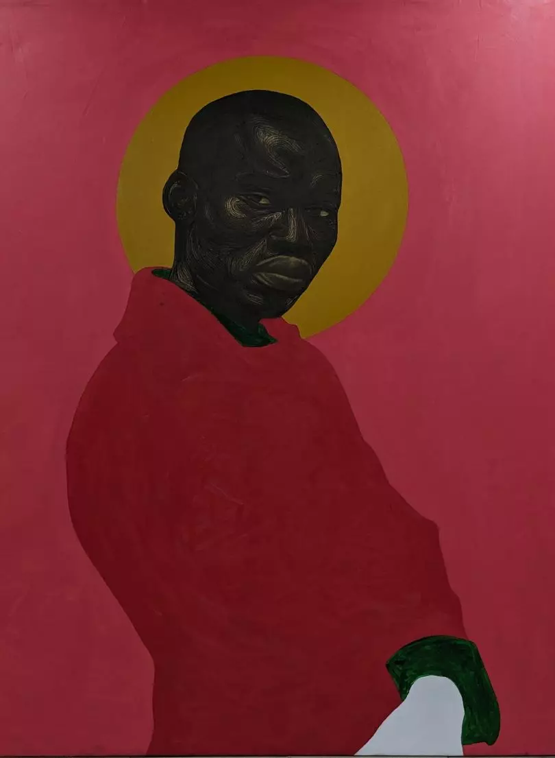 Red Suit (2020), akrilik, minyak dan arang di atas kanvas, 200cm x 180cm. Atas perkenan seniman Collins Obijiaku dan ADA \ galeri seni kontemporer