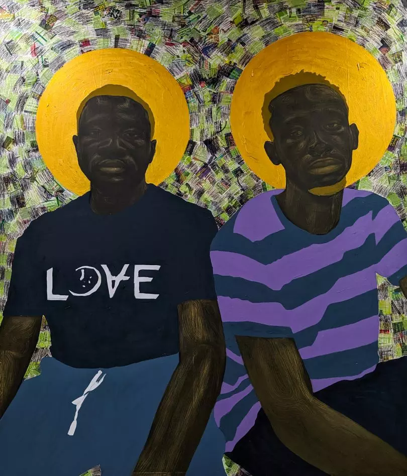 Papa and Joshua (2020), akrilikoa, olioa eta ikatza mihise gainean, 200 cm x 180 cm. Collins Obijiaku artistaren eta ADA \ arte garaikidearen galeriaren eskutik