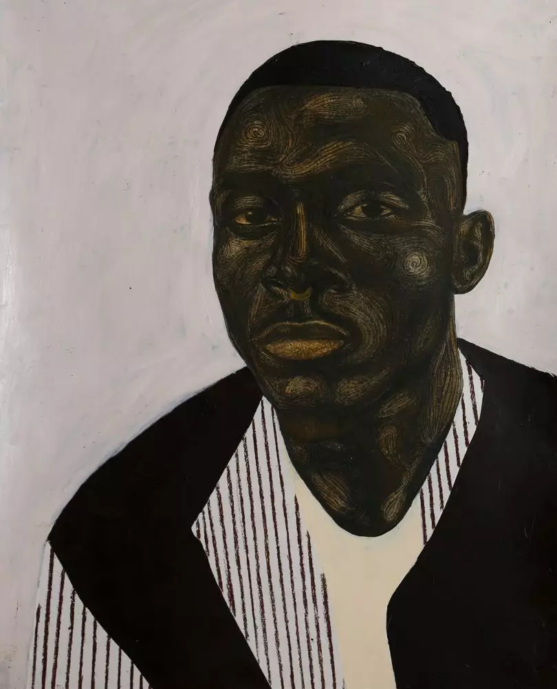 Stripe Jacket (2020), Acrylic, lwil oliv ak chabon sou papye, 100cm x 80cm. Koutwazi atis Collins Obijiaku ak ADA \ galri atizay kontanporen