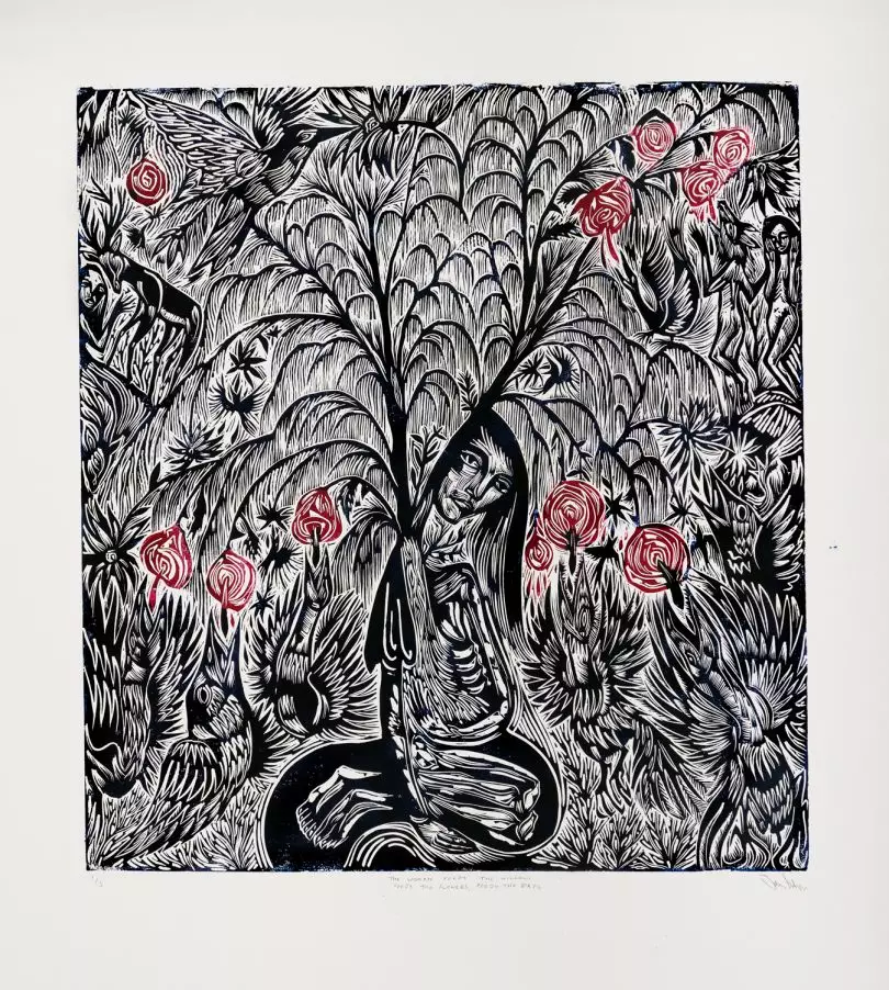 阿鲁沙画廊，约翰·阿贝尔，女人喂柳，喂花，喂鸟，2019，Linocut，100 x 90 厘米。图片来源：[约翰辛克莱](http://www.thebigsink.com)