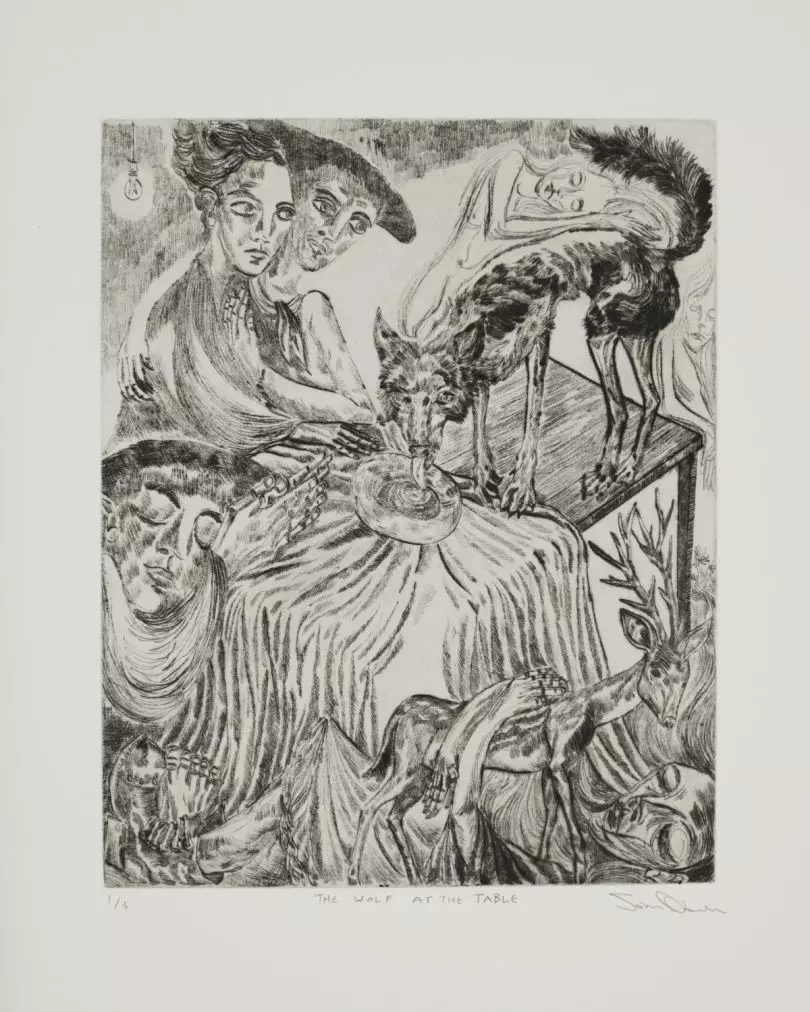 Arusha Gallery, John Abell, Hma ntawm lub Rooj, 2019 drypoint engraving, 57.5 x 37.5 cm. Duab credit: [John Sinclair](http://www.thebigsink.com)