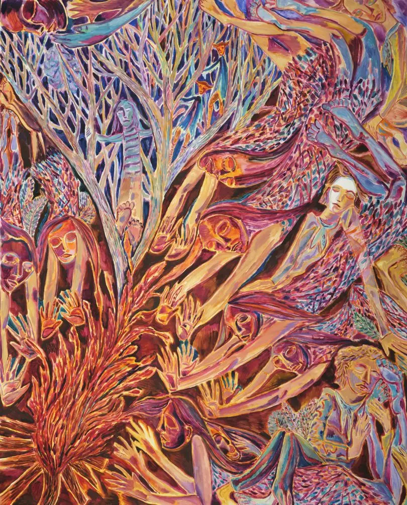 Arusha Gallery, John Abell, Campfire For the Commune 2019, akvarelli paperille 153x121cm. Kuvan luotto [John Sinclair](http://www.thebigsink.com)