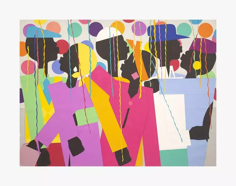 Varnette Honeywood, Let's Party, 1980. Collage sakay; 30 x 40 in (76.2 x 101.6 cm). Sa maayong kabubut-on sa Eric Firestone Gallery ug South Etna Montauk.