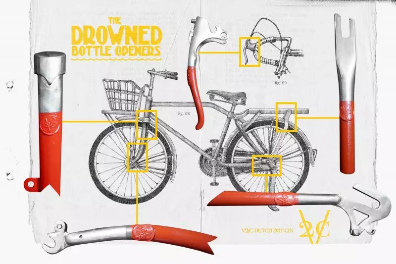 SuperHeroes는 물에 빠진 암스테르담 자전거를 독점적인 병따개로 바꾸는 V2C Gin을 위한 영리한 캠페인을 만듭니다.