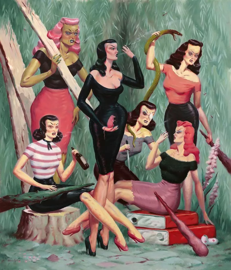 ‘Mean Girls Club’ margolanetako bat (olioa mihise gainean, 43 x 37 hazbete) © Ryan Heshka. Irudi guztiak artistaren eta galeriaren eskutik.