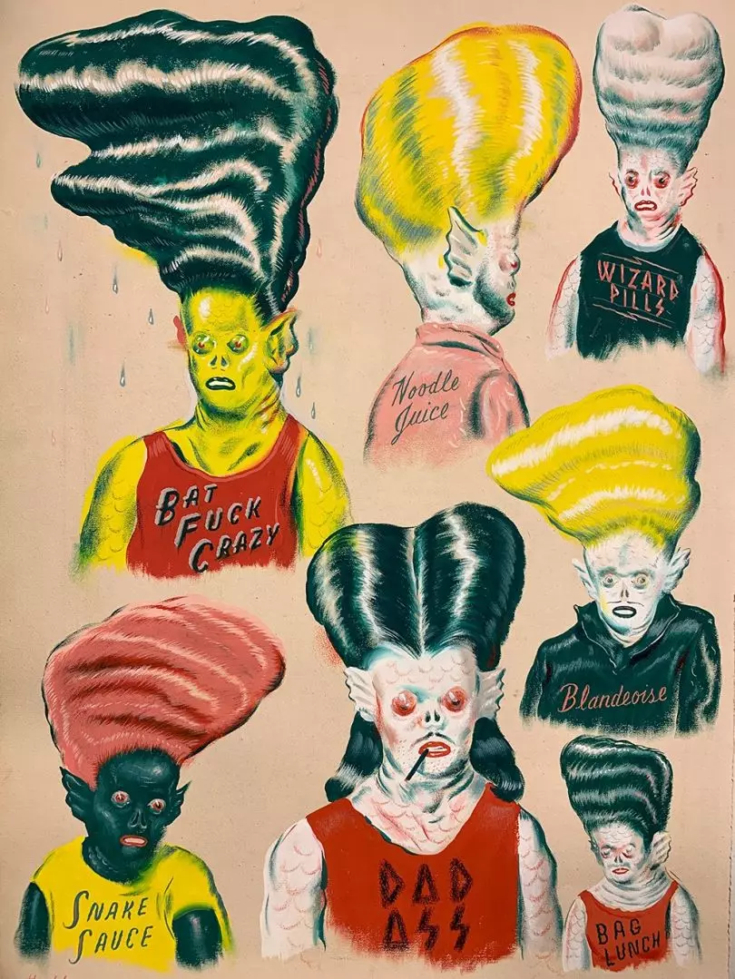 'Band Shirt Prototypes' (gouache og blyantblyant på vintagepapir, 14 x 10 tommer) © Ryan Heshka