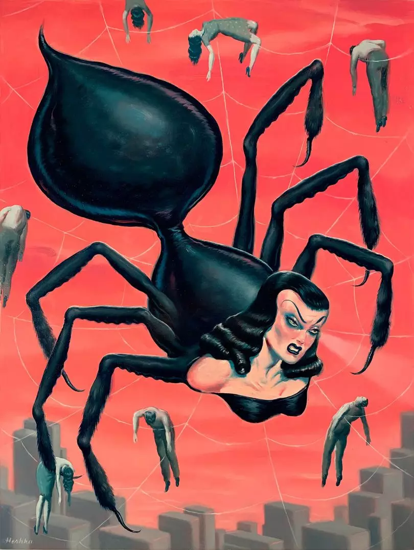 ‘Spider Pinky’ (mafuta kwenye paneli ya mbao iliyotundikwa, inchi 24 x 18) © Ryan Heshka