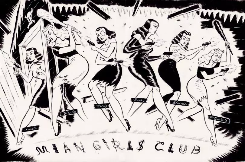 'Mean Girls Club Pink Dawn' eleberri grafikoaren jatorrizko artelanaren aurrebista (4. eta 5. orrialdeak) (gouache eta arkatz crayon paperean (B&W), 27 x 17 hazbete) © Ryan Heshka