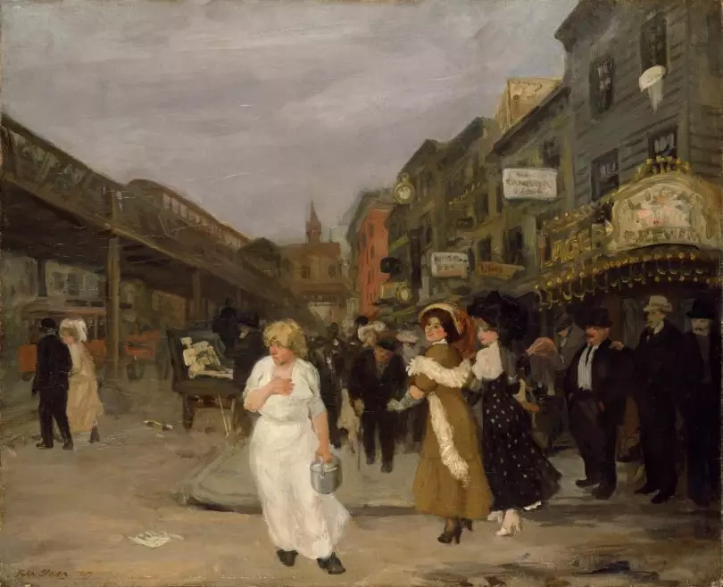 Sixth Avenue និង Thirtieth Street, 1907, by John Sloan, American, 1871 - 1951. Oil on canvas, 24 1/4 x 32 inches. សារមន្ទីរសិល្បៈ Philadelphia៖ អំណោយរបស់ Meyer P. Potamkin និង Vivian O. Potamkin, 2000. 1964-116-5