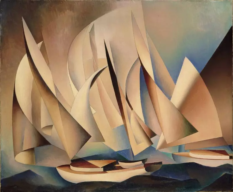 Perteneciente a Yachts and Yachting, 1922, por Charles Sheeler, estadounidense, 1883 - 1965. Óleo sobre lienzo, 20 x 24 1/16 pulgadas. Museo de Arte de Filadelfia: Legado de Margaretta S. Hinchman, 1955-96-9