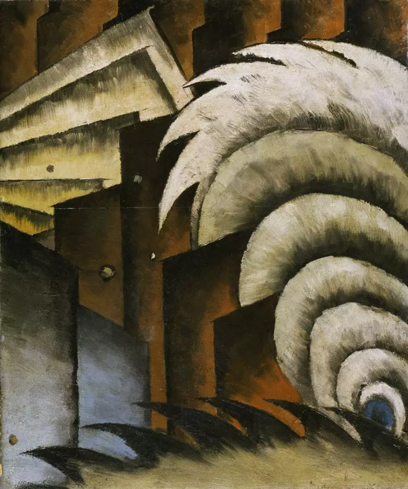 តន្ត្រីចិនឆ្នាំ 1923 ដោយ Arthur Dove ជនជាតិអាមេរិកឆ្នាំ 1880 -1946 ។ ថ្នាំលាបប្រេង និងលោហធាតុនៅលើបន្ទះ 21 11/16 x 18 1/8 អ៊ីង។ សារមន្ទីរសិល្បៈ Philadelphia: The Alfred Stieglitz Collection, 1949-18-2