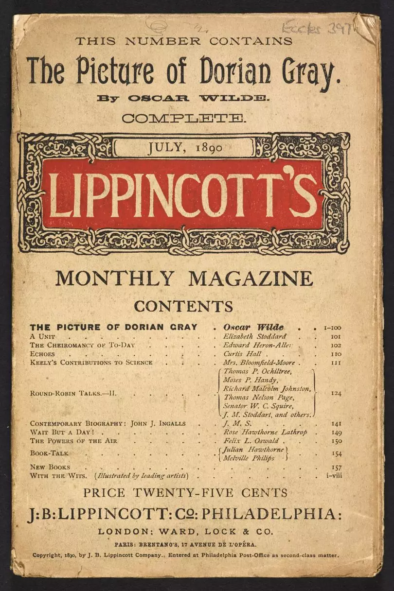 Murfin gaban littafin Lippincott's Magazine na Hoton Dorian Gray, littafin Oscar Wilde kawai, Yuli 1890 (c) Hukumar Laburare ta Burtaniya