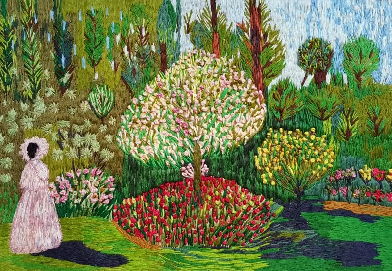 Karya seni sulaman sulaman satin & pita sing niru Monet lan van Gogh